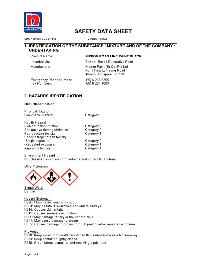 SDS Nippon Roadline Paint | PDF | Dangerous Goods | Toxicity