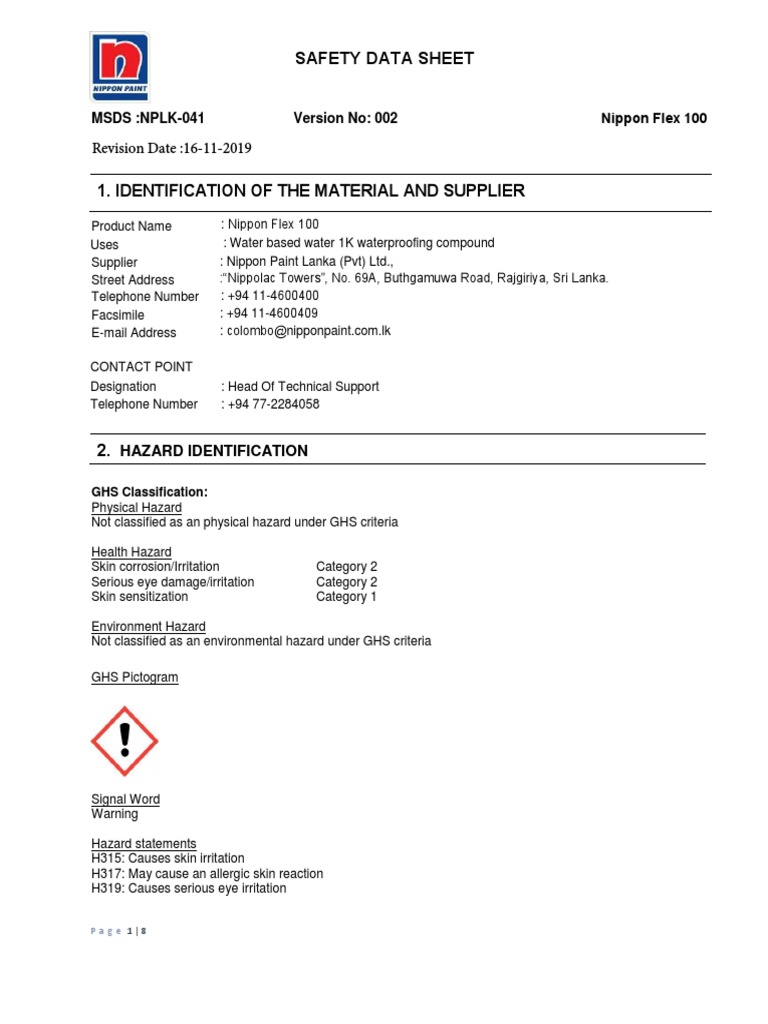 Nippon Flex 100 Waterproofing | PDF | Dangerous Goods | Toxicity