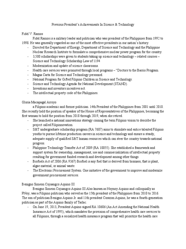 Previous Presidents Achievements in Science Technology | Download Free PDF | Benigno Aquino Iii ...