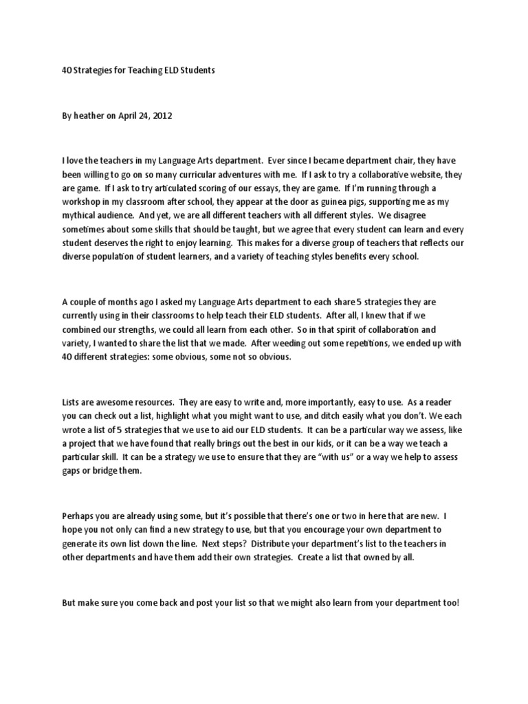 40 Strategies For Teaching ELD Students | PDF | Reading Comprehension ...