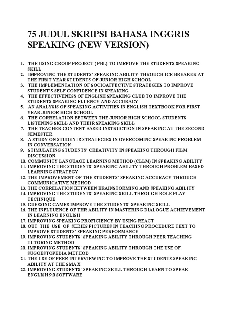 75 Judul Skripsi Bahasa Inggris Speaking | PDF | Reading Comprehension | Learning Methods