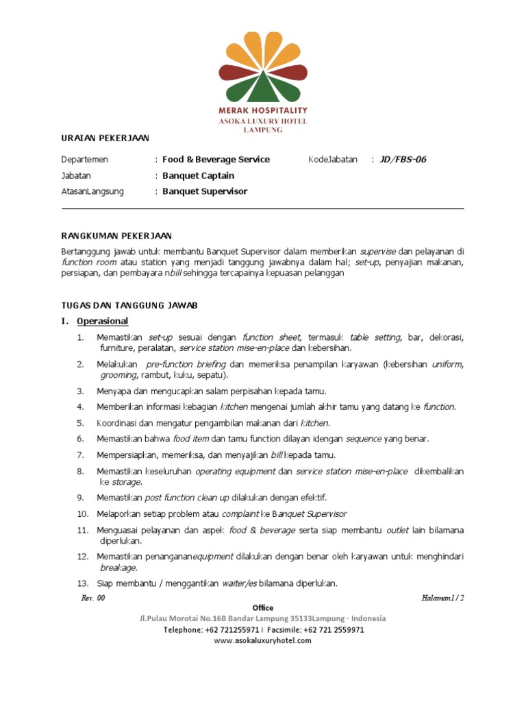 Tugas dan Tanggung Jawab Banquet Captain | PDF