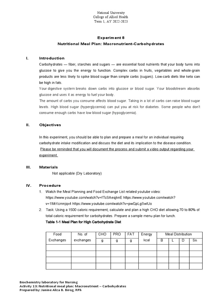 Laboratory Experiment No. 8-Nutritional Meal Plan | PDF | Carbohydrates ...