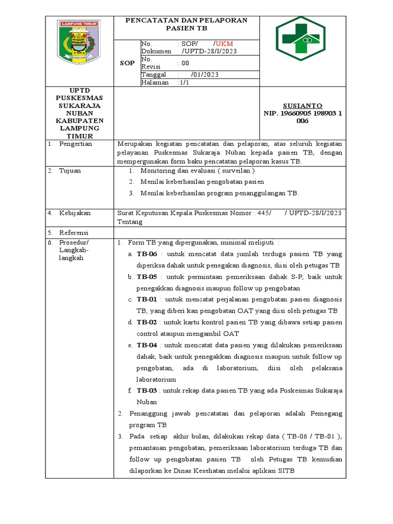 SOP Pencatatan Dan Pelaporan Pasien TB | PDF