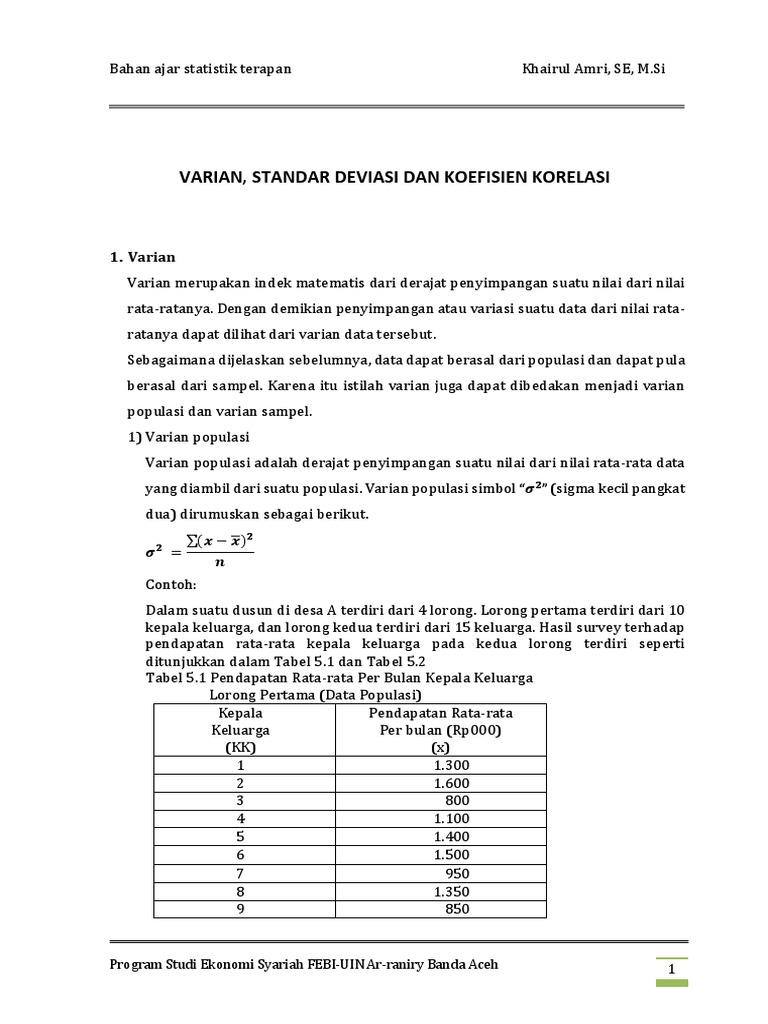 Varian, Standar Deviasi Dan Koefisien Korelasi | PDF | Sains & Matematika