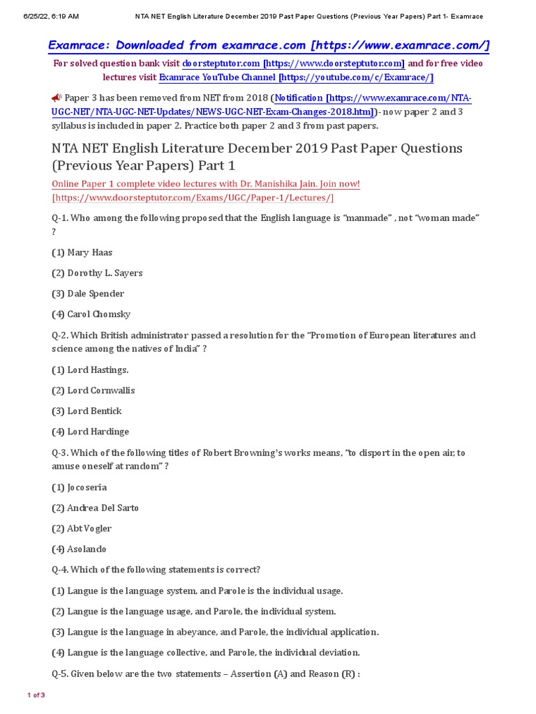 NTA NET English Literature December 2019 Past Paper Questions (Previous ...