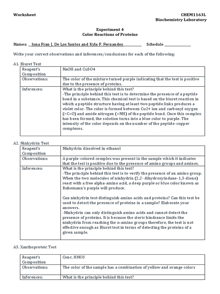 Worksheet - Experiment 4 Color Reactions of Proteins | PDF | Nitric ...
