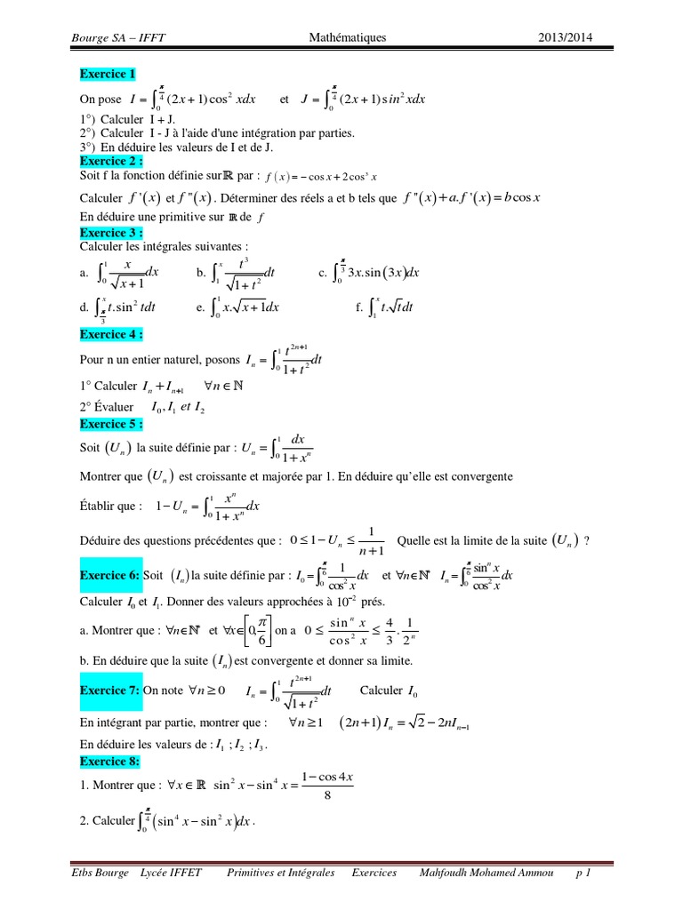 Primitives et Intégrales : Exercices Mathématiques | PDF | Intégral ...