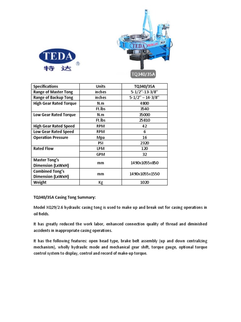 Casing Tong Specs | PDF