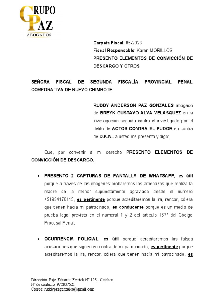 Presento Elementos de Convicción de Descargo | PDF