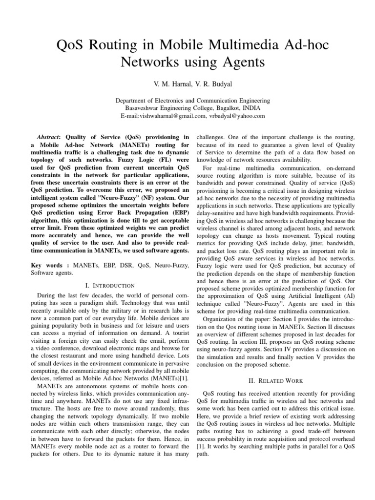 Qos Routing in Mobile Multimedia Ad-Hoc Networks Using Agents | PDF | Quality Of Service ...