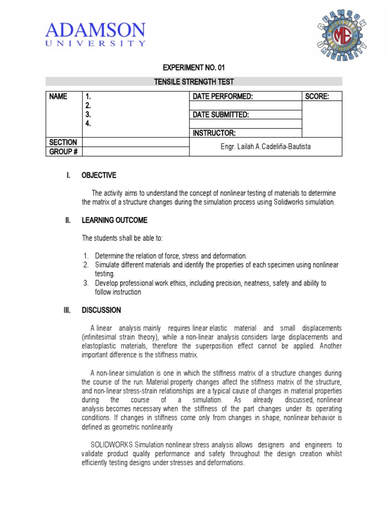 EXPERIMENT NO 1. Tensile Strength Test | PDF | Deformation (Engineering ...