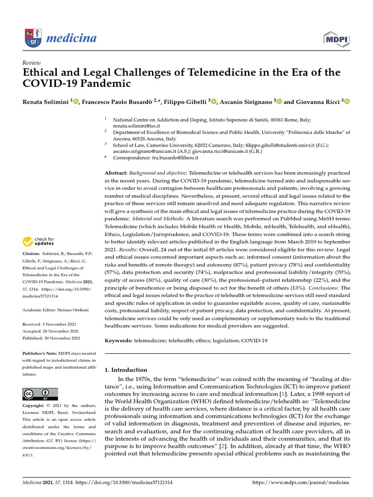 2021 Ethical And Legal Challenges Of Telemedicine In The Era Of The