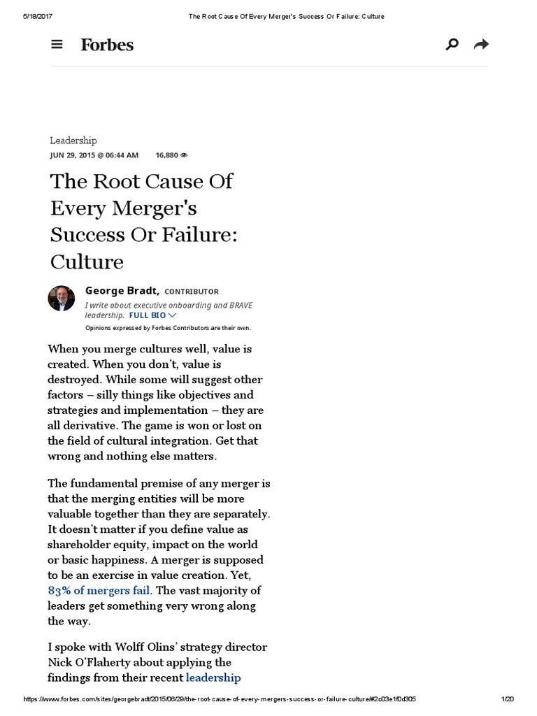 The Root Cause of Every Merger's Success or Failure - Culture | PDF