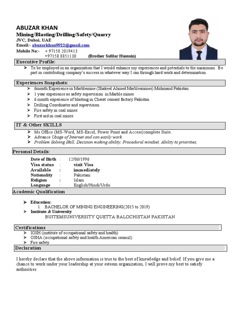 Resume of Abuzar Khan Seeking a Position Utilizing His Experience in Mining, Blasting, Drilling ...