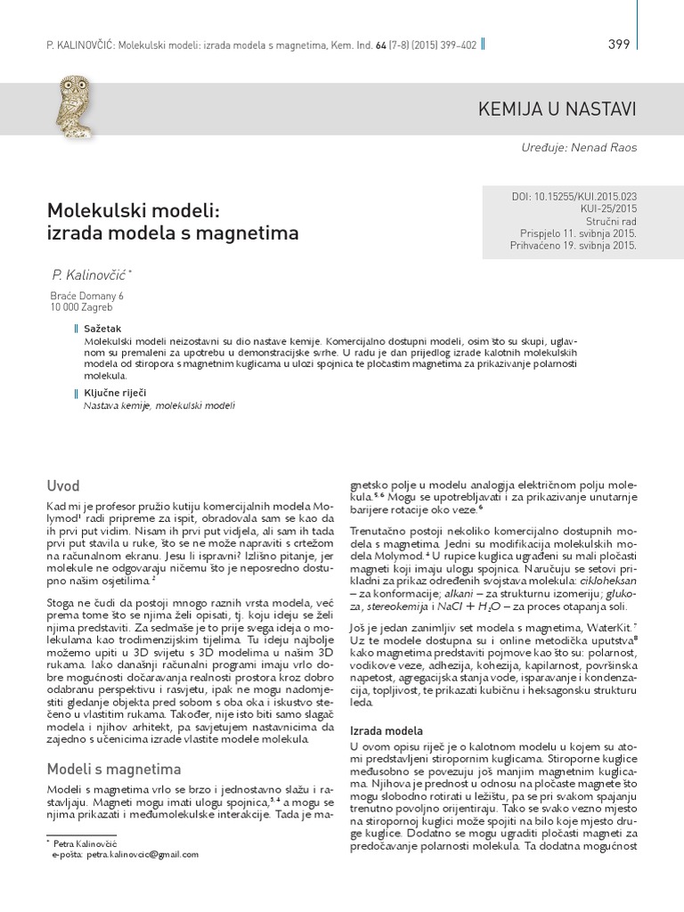 Molekulski Modeli: Izrada Modela S Magnetima: Kemija U Nastavi | PDF
