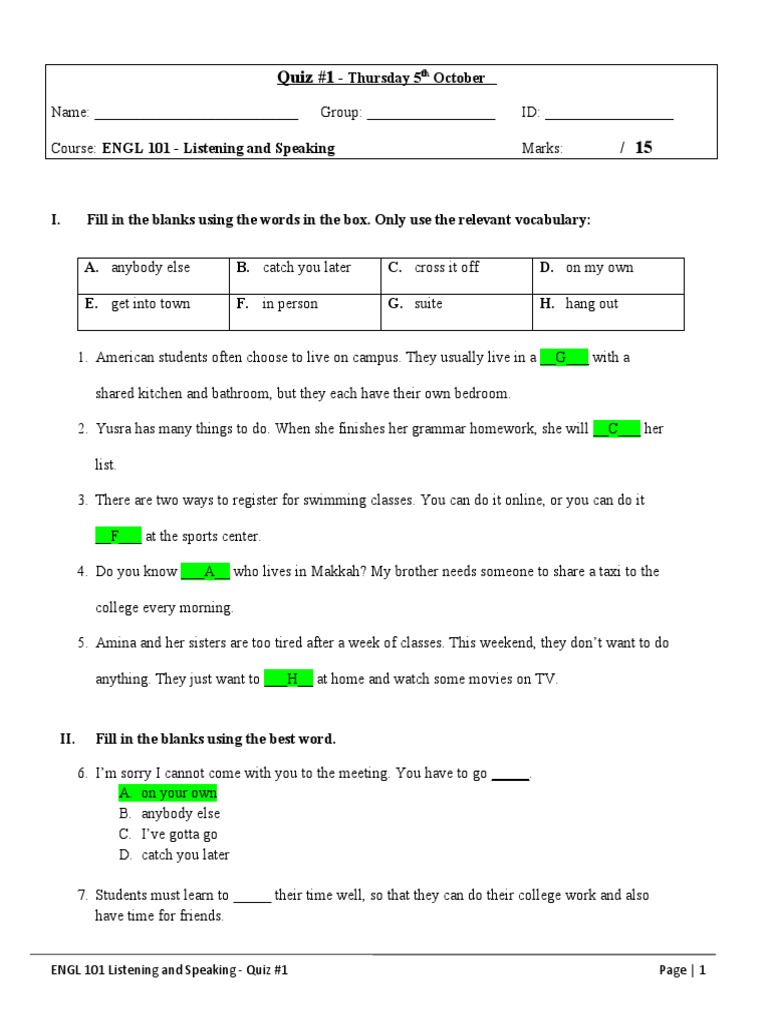 Oral Skills Quiz #1 With Answer Keys | PDF | Learning