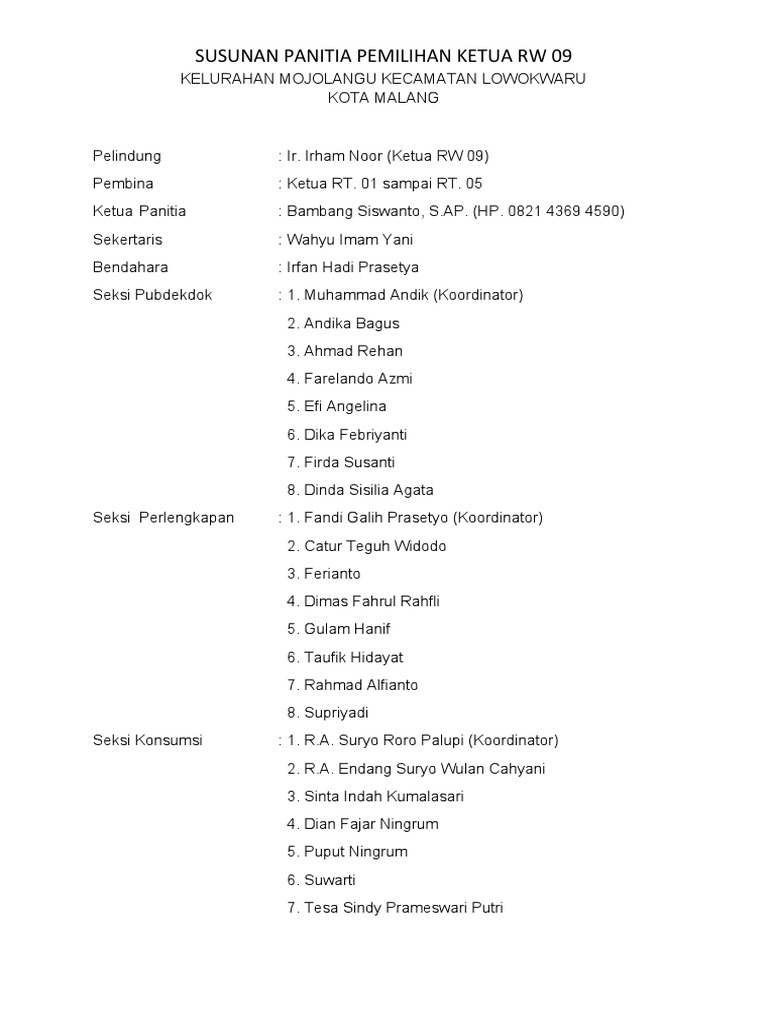 Susunan Panitia Pemilihan Ketua RW 09 | PDF