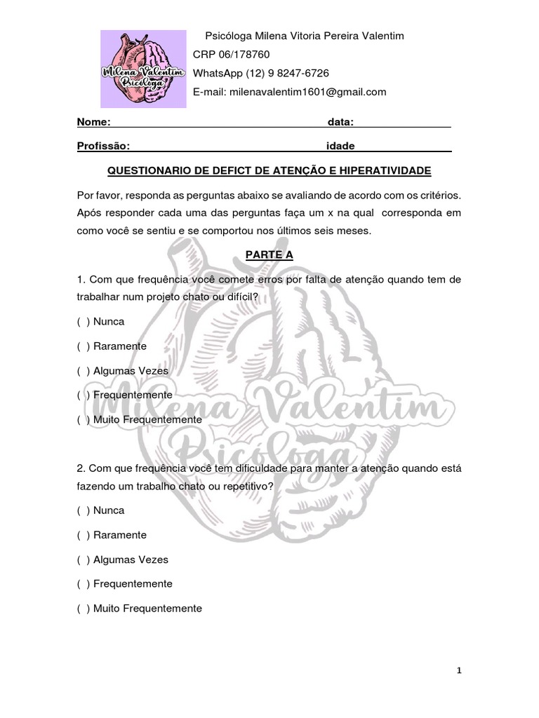 Questionario Tdah | PDF | Transtorno de déficit de atenção e hiperatividade