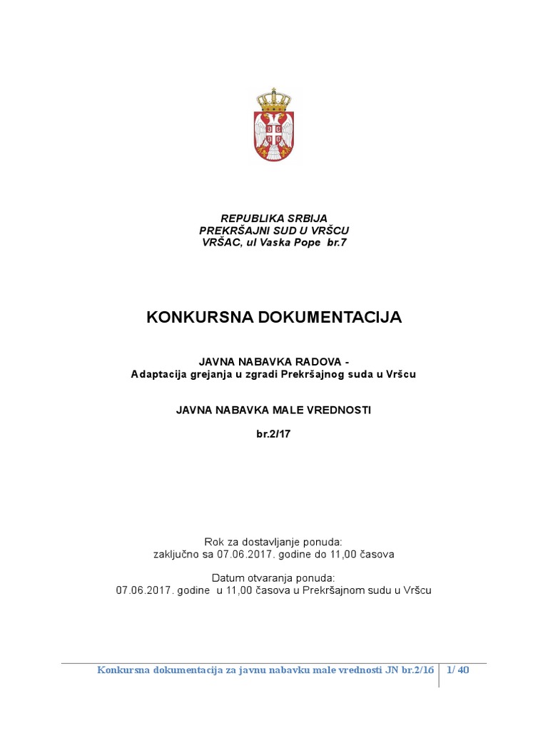 Konkursna Dokumentacija JNMV R 2 17 Lat | PDF