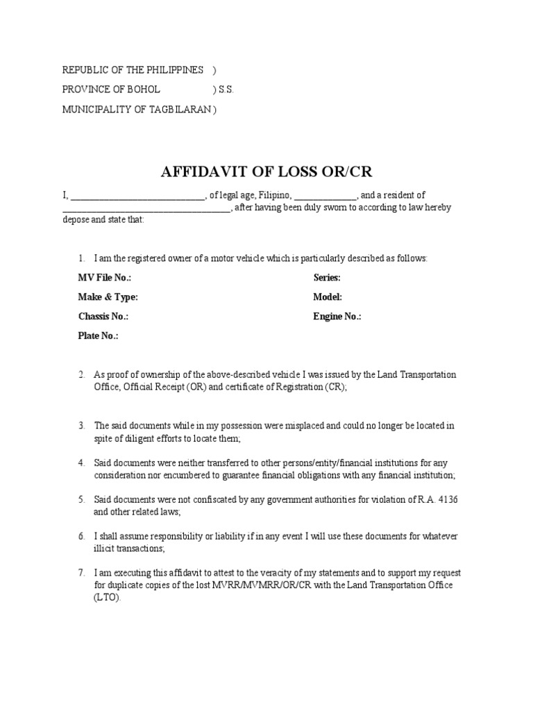 Affidavit of Loss Orcr | PDF