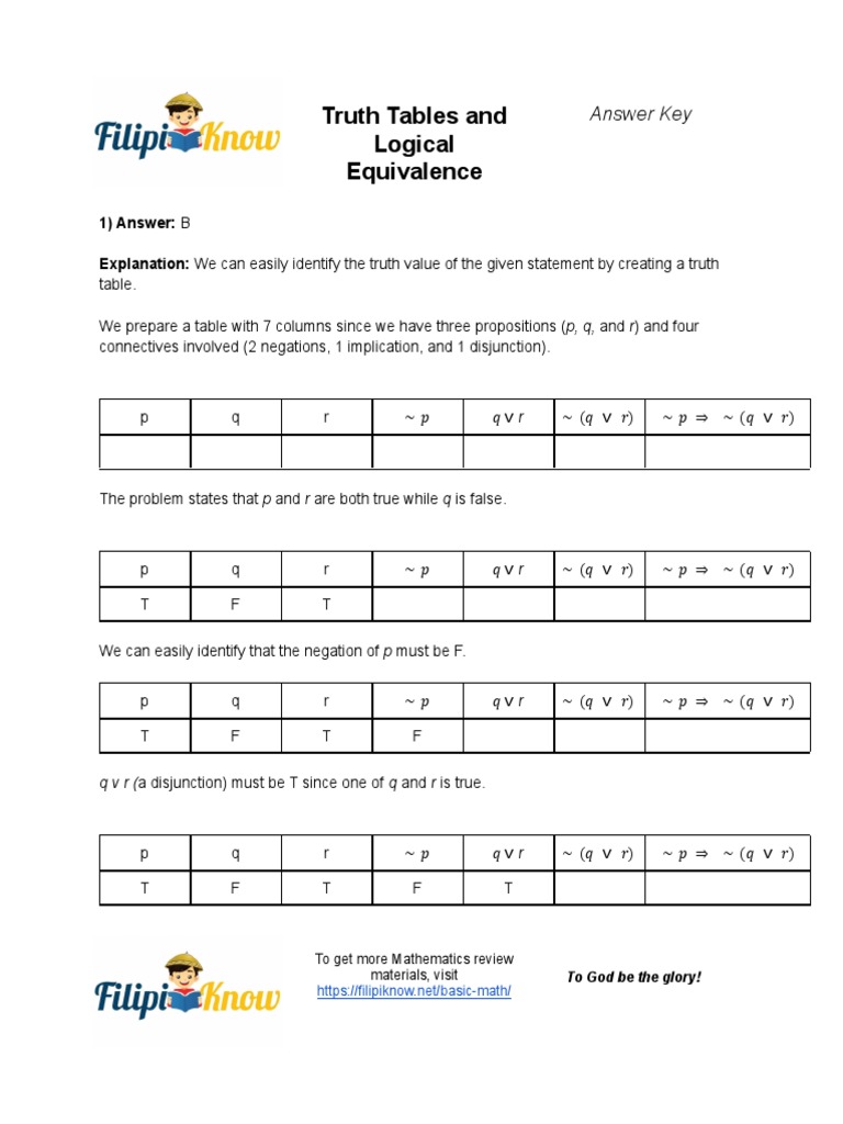 Truth Tables and Logical Equivalence Answer Key | Download Free PDF | Interpretation (Philosophy ...