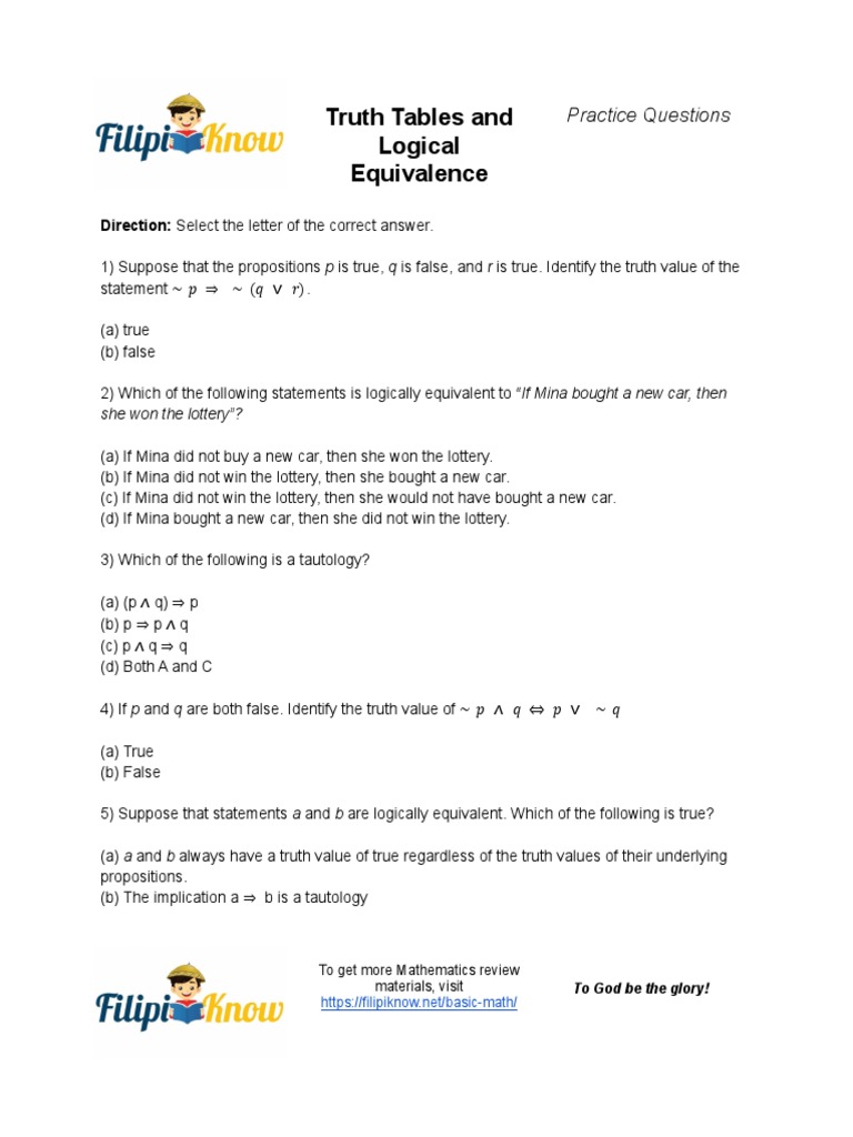 Truth Tables and Logical Equivalence Practice Questions | PDF ...