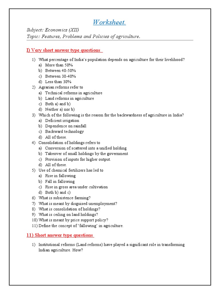Worksheet - Features, Problems and Policies of Agriculture. | PDF ...