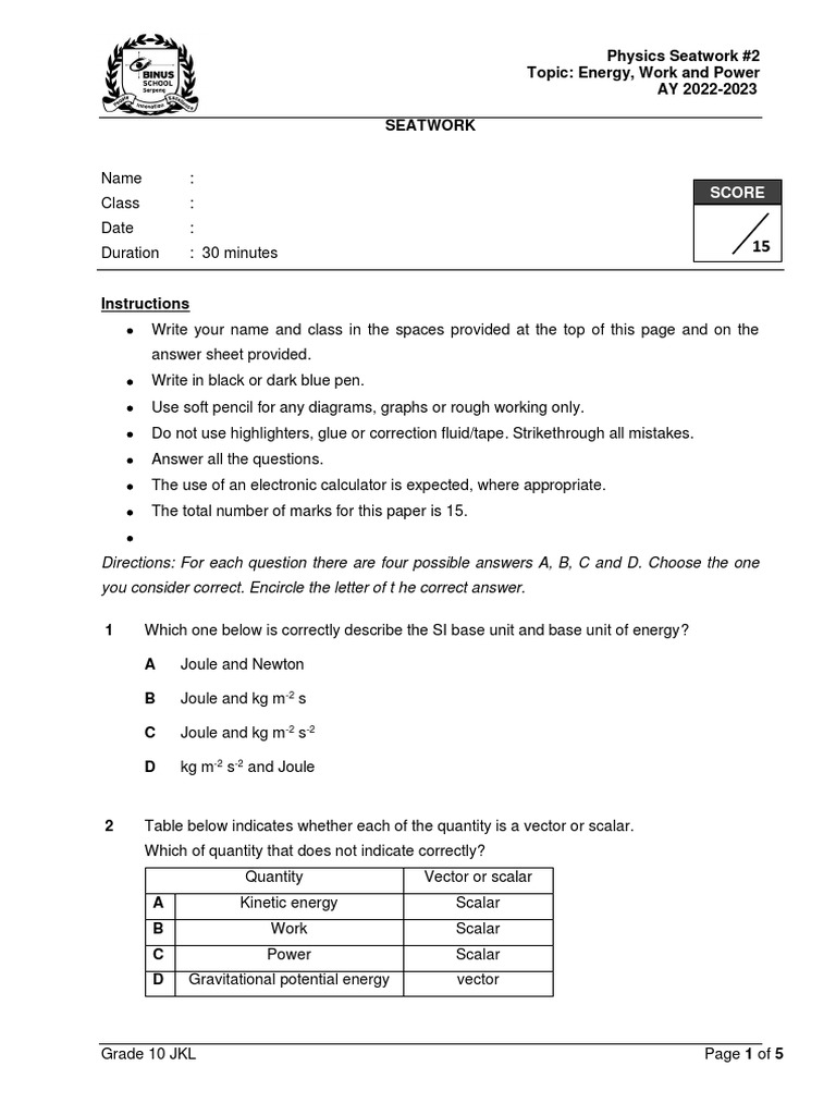 Grade 10 Physics: Energy, Work, Power Quiz | PDF | Potential Energy ...