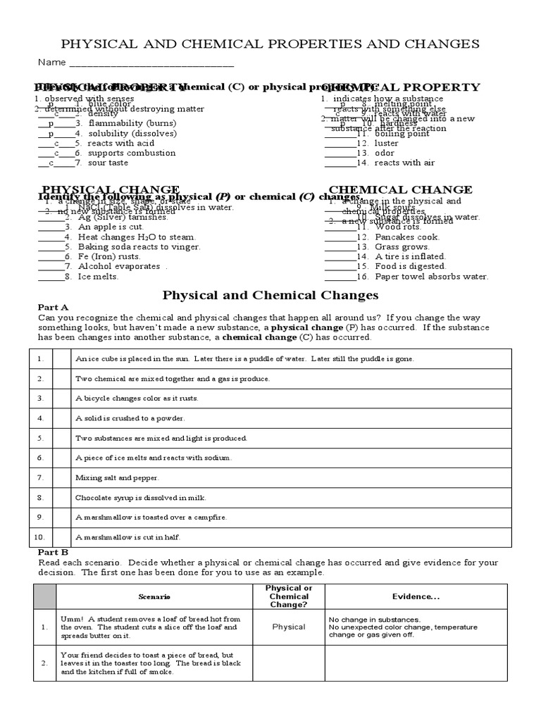 Physical and Chemical Changes Worksheet (1) 1 | PDF | Water | Chemical ...
