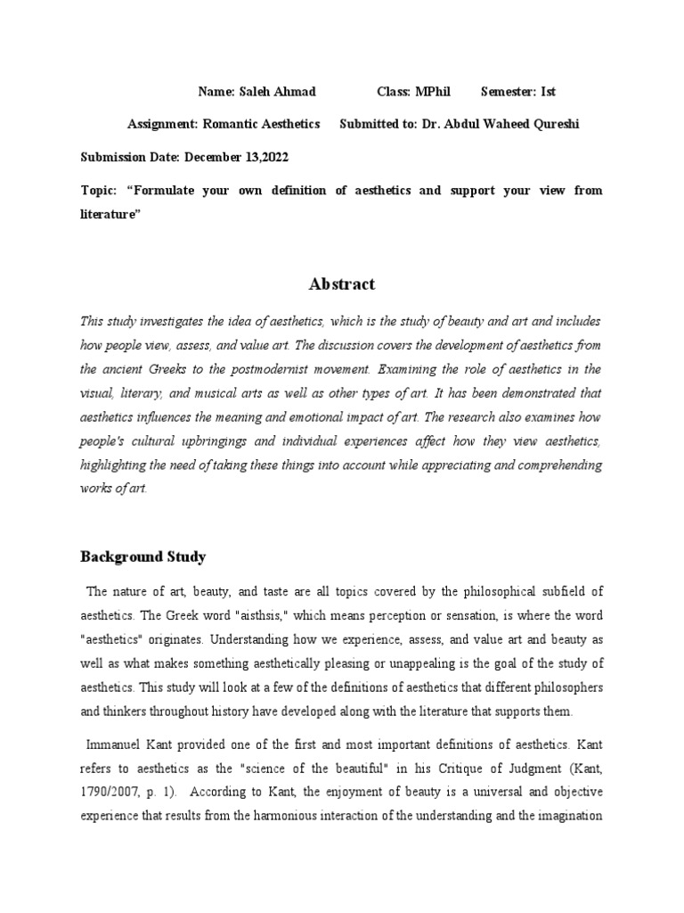 Romantic Aesthetics Assignment 1 Saleh Ahmad | Download Free PDF | Aesthetics | Beauty