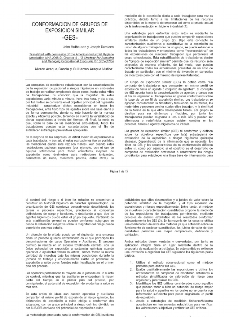 CONFORMACION DE GRUPOS DE EXPOSICION SIMILAR GES - PDF Descargar Libre | PDF