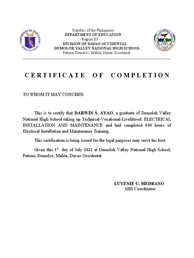 Certificate of Completion | PDF | Educational Years | Childhood