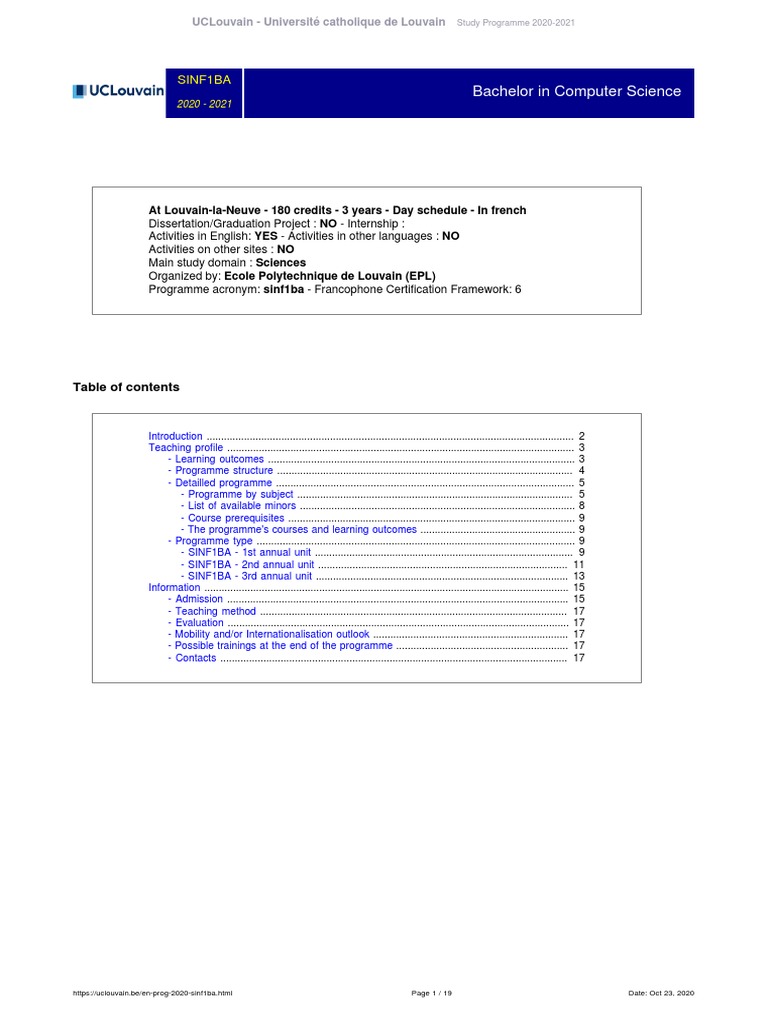 B LOUVAIN01-Bachelor in Computer Science-At Louvain-la-Neuve | PDF ...