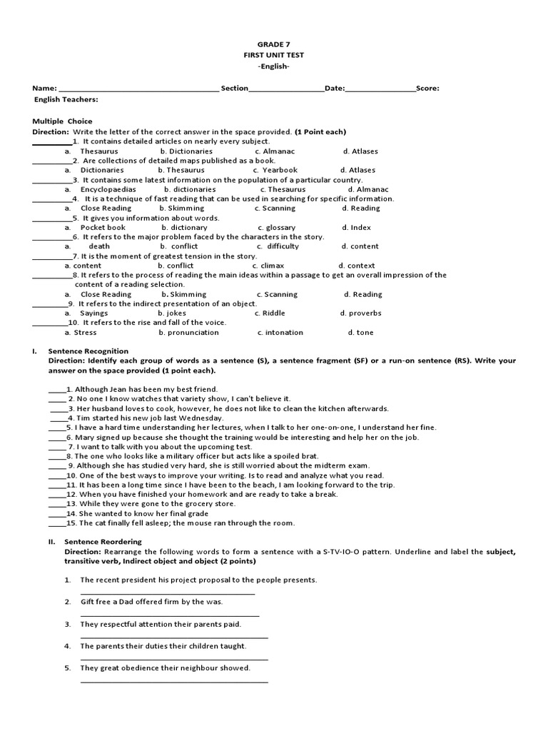 1ST Unit Test Grade 7 English | PDF | Dictionary | Speed Reading