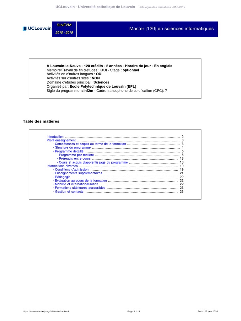 Master en Sciences Informatiques UCLouvain | PDF | Informatique | Logiciel