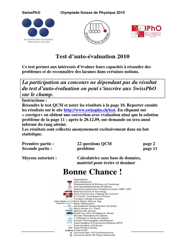 Test d'auto-évaluation SwissPhO 2010 | PDF | Électricité | Vitesse