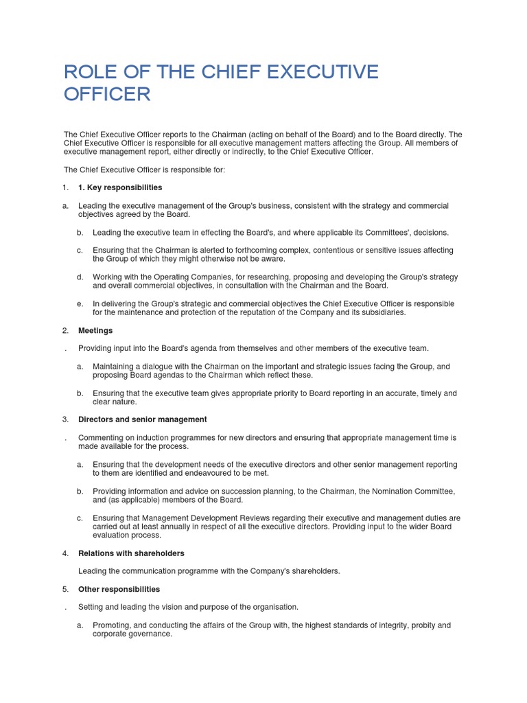 CEO Responsibilities and Duties | PDF | Chief Executive Officer | Board ...