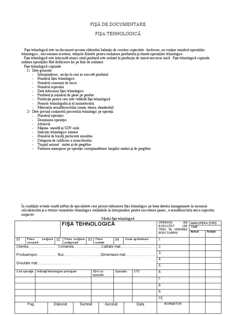 Fisa de Documentare Fisa Tehnologica | PDF