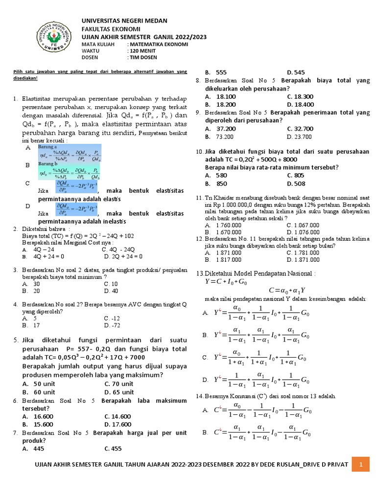 Soal UAS Matematika Ekonomi Semester Ganjil 2022-2023 | PDF