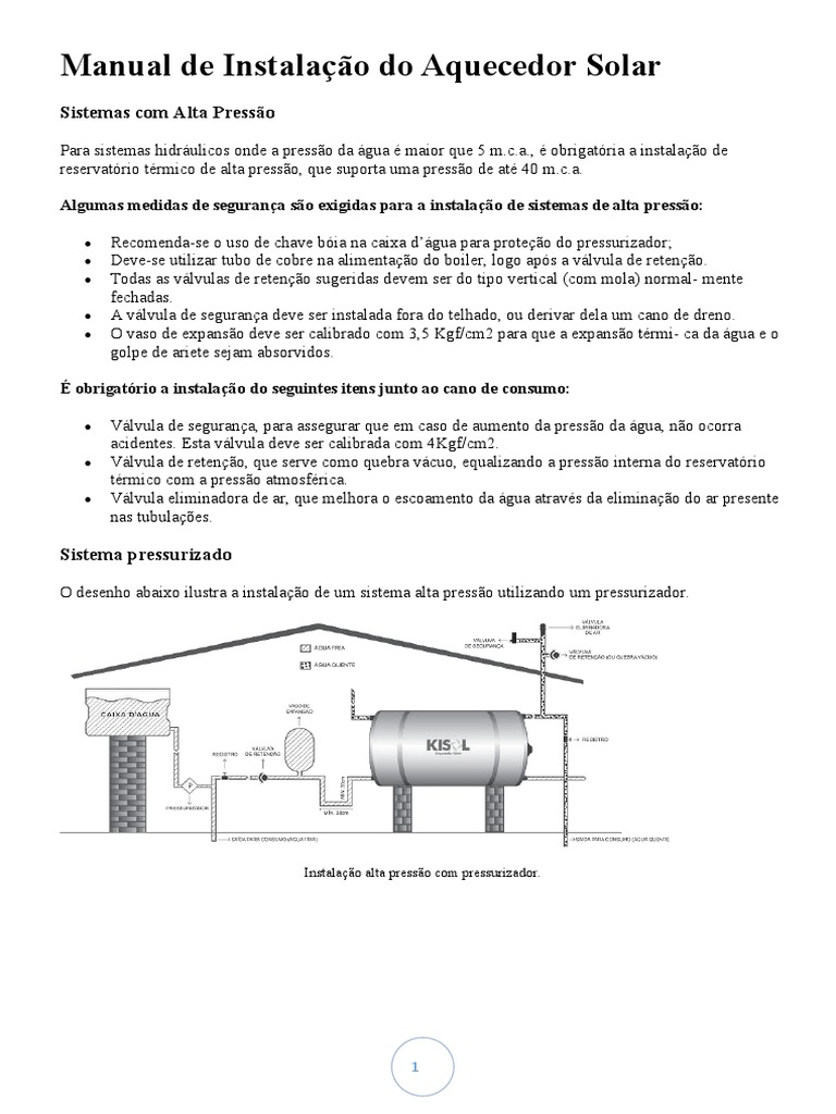 Manual de Instalação Do Aquecedor Solar | PDF | Calor | Pressão