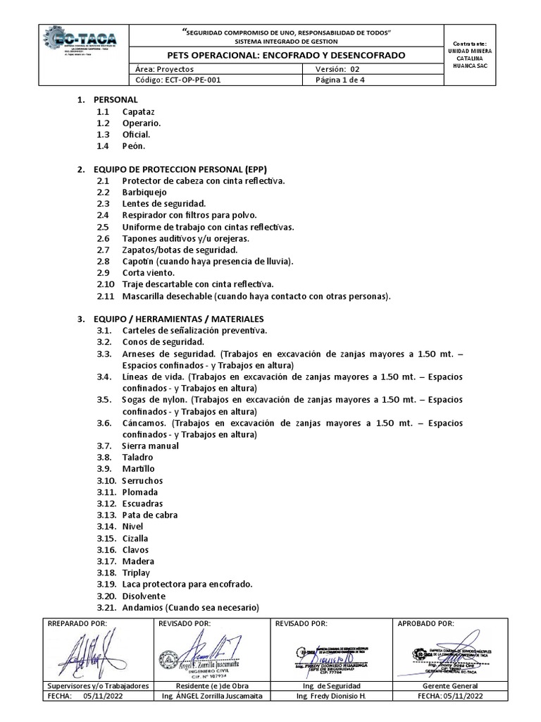 ECT-OP-PE-001 Encofrado y Desencofrado | PDF | Ingeniería | Sector secundario de la economía