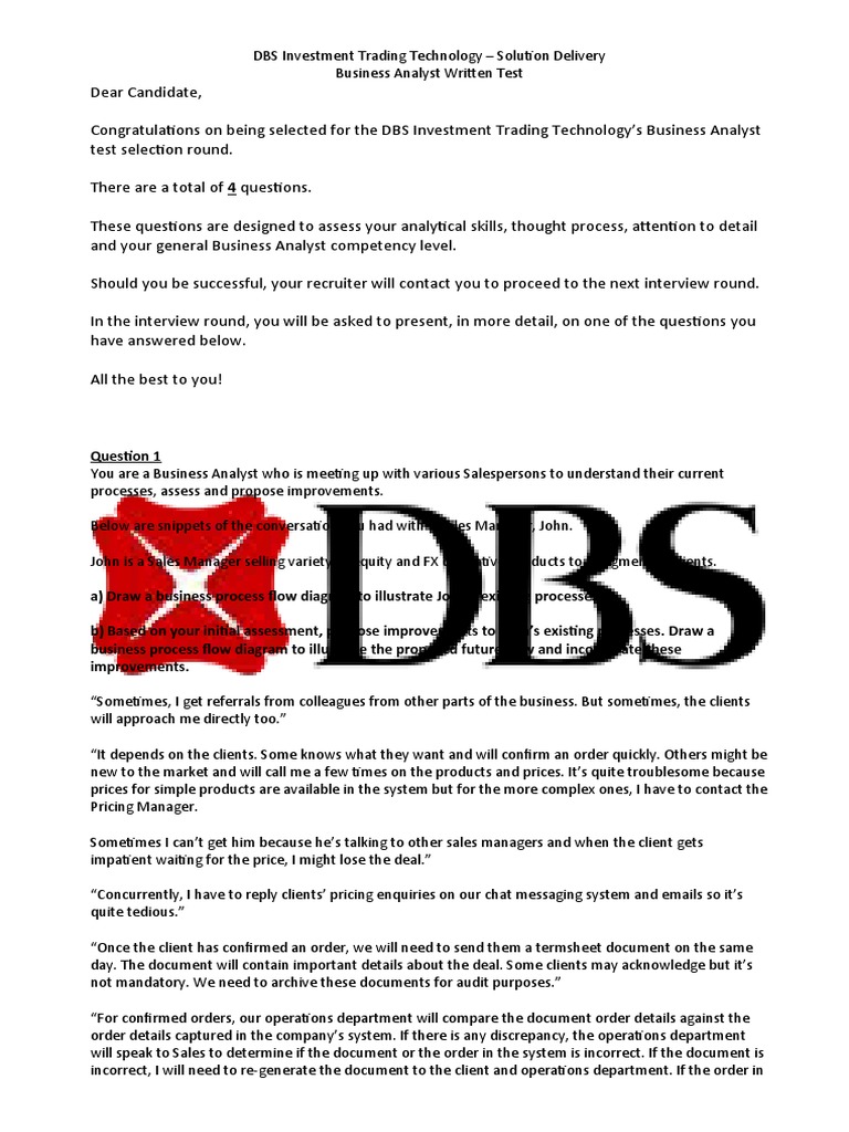 DBS - ITT Business Analyst Test | PDF | Sales | Business
