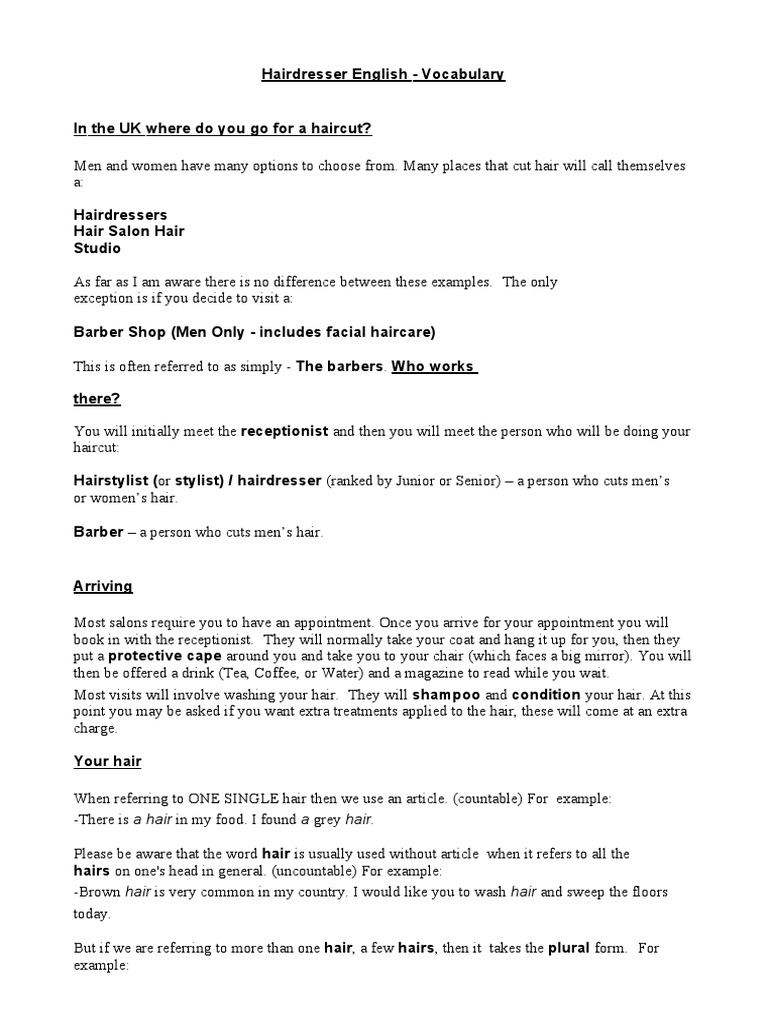 Hairdresser English Pdf