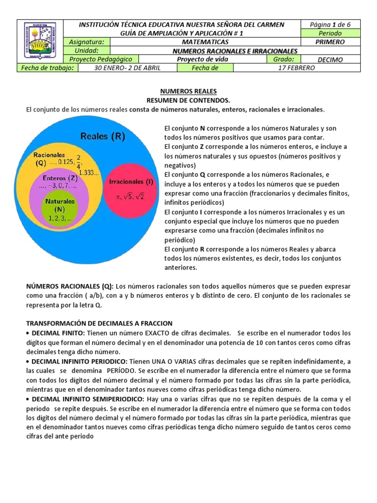 Matematicas-Decimo-Guia 1.numeros Racionales e Irracionales | PDF ...