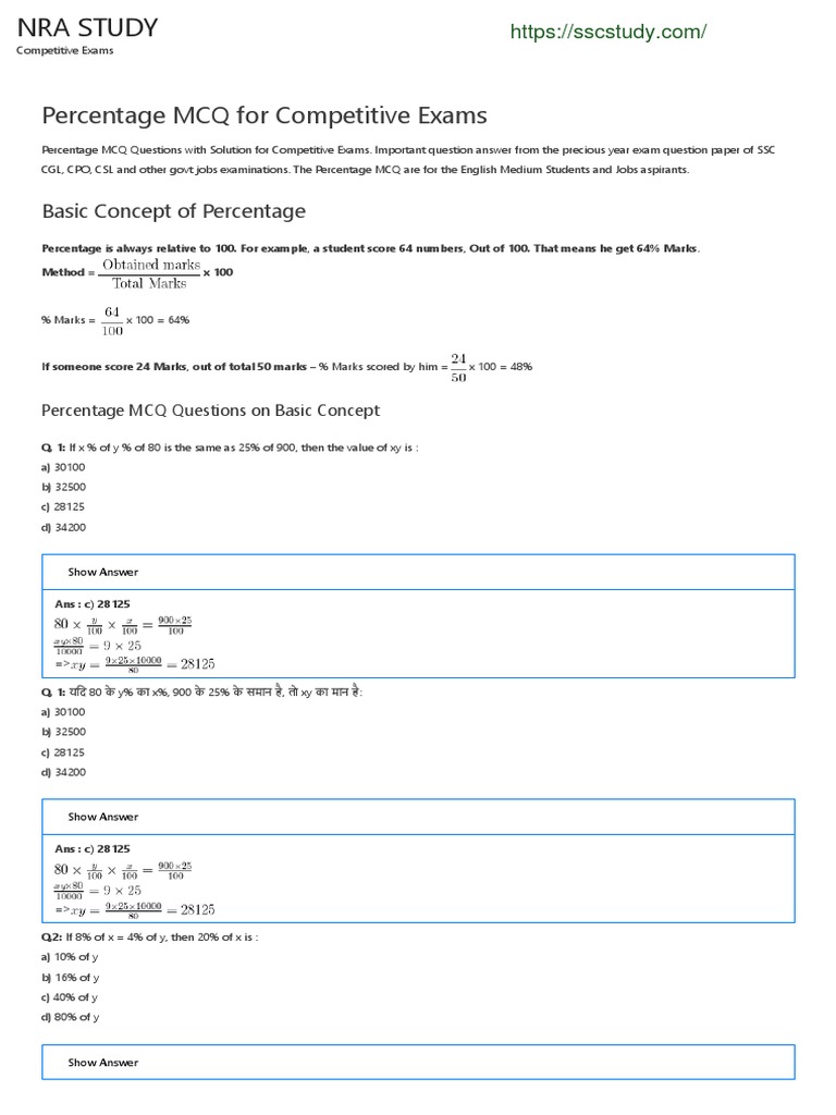 Percentage MCQ For Competitive Exams (In English) | PDF | Voting ...
