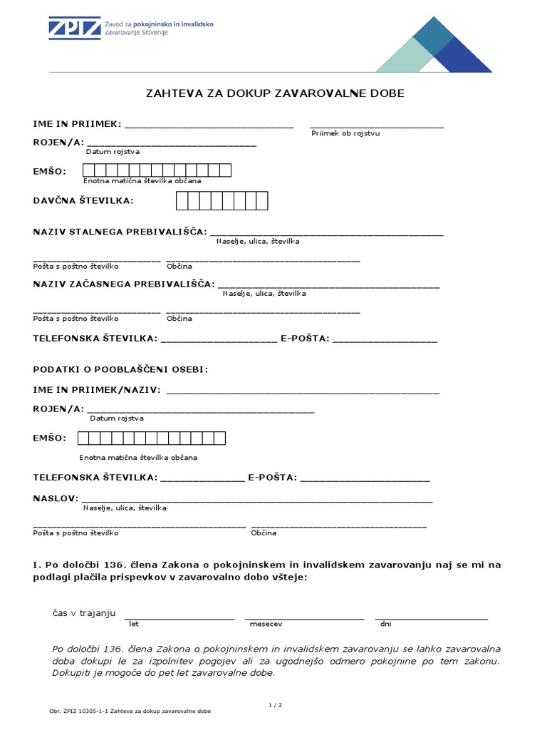 Zahteva Za Dokup Zavarovalne Dobe Obr. ZPIZ 10305-1-1 | PDF