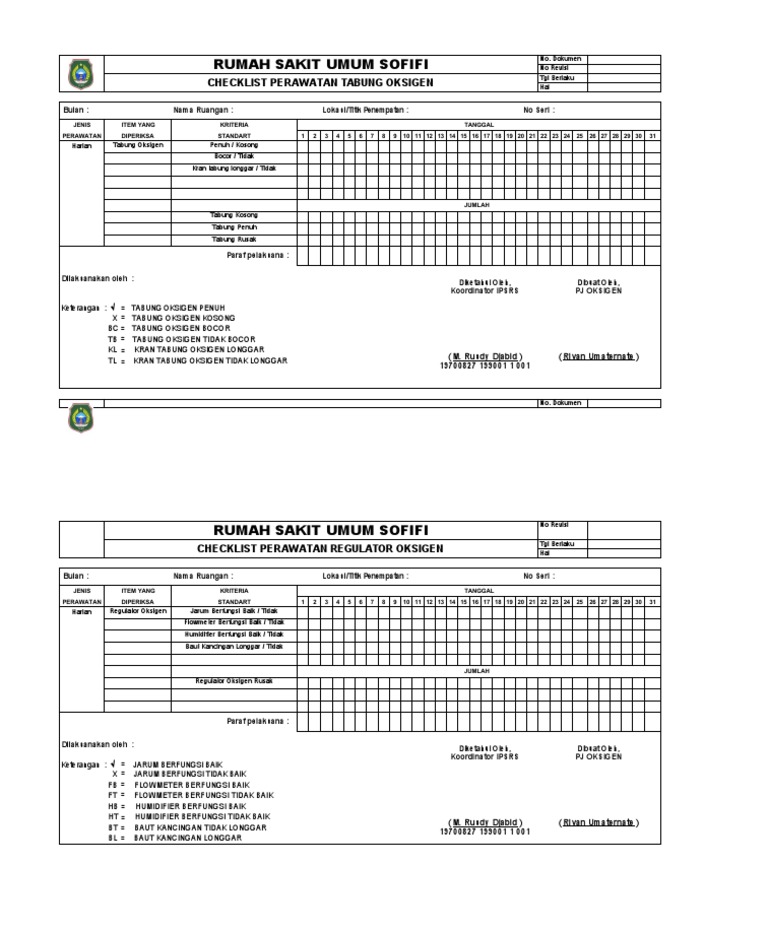 Checklist Perawatan Oksigen dan Regulator | PDF