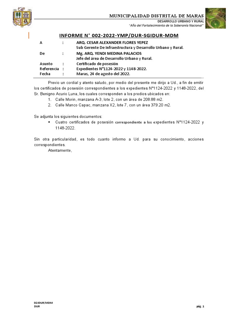 INFORME 02 - Certificado de Posesion | PDF