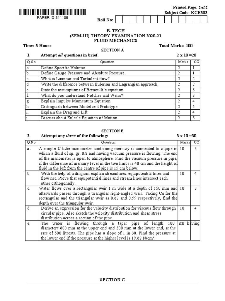Btech Ce 3 Sem Fluid Mechanics Kce303 2021 | PDF | Pressure | Fluid Dynamics